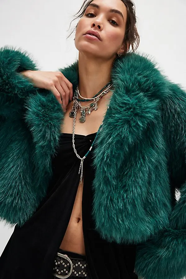 Free People Paris Cropped Faux Fur Jacket - Uncut Emerald